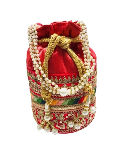 Hand embroidered art silk Potli handbags for Women. For Evening outing, wedding, and party Bag Purse with Drawstring. (Pink)