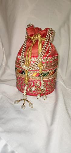 Hand embroidered art silk Potli handbags for Women. For Evening outing, wedding, and party Bag Purse with Drawstring. (Pink)