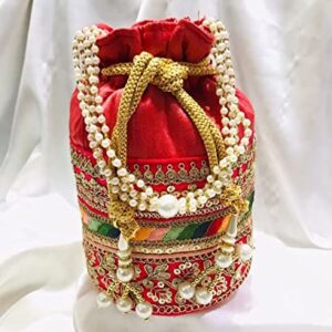 Hand embroidered art silk Potli handbags for Women. For Evening outing, wedding, and party Bag Purse with Drawstring. (Pink)