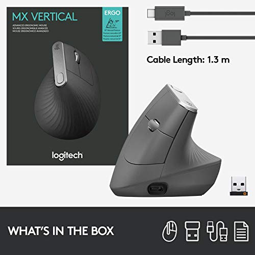 Logitech MX Vertical Wireless Mouse – Advanced Ergonomic Design Reduces Muscle Strain, Control and Move Content Between 3 Windows and Apple Computers (Bluetooth or USB), Rechargeable, Graphite