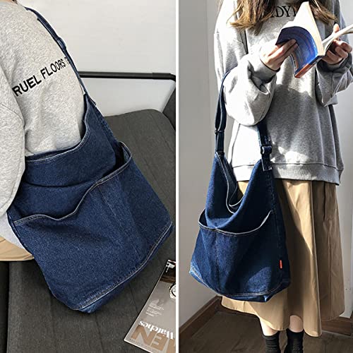 TRIYO Tote Bag for Women Denim Shoulder Bag For Teen Girls Casual Hobo Handbags Fashion Canvas BagsLarge Capacity Crossbody Bags Navy Blue