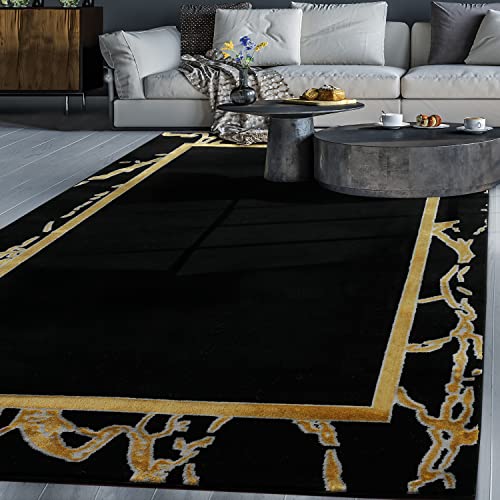 Antep Rugs Babil Gold 6x9 Marble Bordered Modern Geometric Indoor Area Rug (Black, 6'7" x 9')