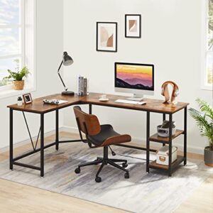 GreenForest L Shaped Computer Desk with Adjustable Storage Shelf, 59 inch Sturdy Corner Home Office Writing Table, Large Gaming Desk Workstation Space Saving,Easy Assembly,Brown