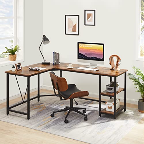 GreenForest L Shaped Computer Desk with Adjustable Storage Shelf, 59 inch Sturdy Corner Home Office Writing Table, Large Gaming Desk Workstation Space Saving,Easy Assembly,Brown