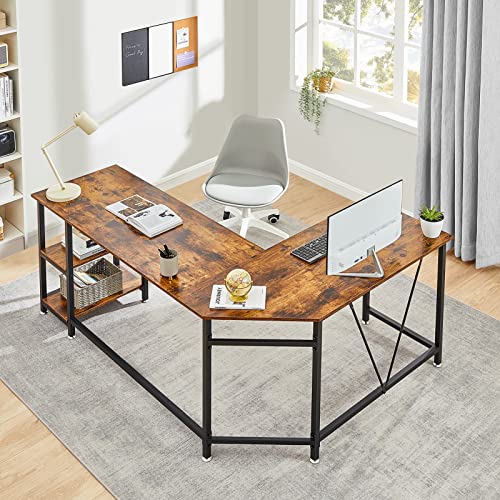 GreenForest L Shaped Computer Desk with Adjustable Storage Shelf, 59 inch Sturdy Corner Home Office Writing Table, Large Gaming Desk Workstation Space Saving,Easy Assembly,Brown