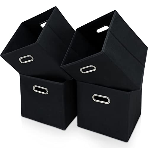 SEVENDOME Black Fabric Storage Bins Cube,11x11x11 Fabric Cubby Organizer Baskets with Handle, Foldable Basket for Closet or Collapsible Storage Box Set of 4 (Black)