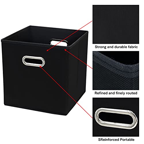 SEVENDOME Black Fabric Storage Bins Cube,11x11x11 Fabric Cubby Organizer Baskets with Handle, Foldable Basket for Closet or Collapsible Storage Box Set of 4 (Black)