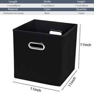 SEVENDOME Black Fabric Storage Bins Cube,11x11x11 Fabric Cubby Organizer Baskets with Handle, Foldable Basket for Closet or Collapsible Storage Box Set of 4 (Black)