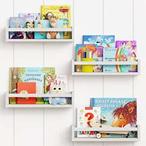 floating nursery book shelves for wall set of 4, white wall bookshelf for kids room, small wood book shelf wall mounted for baby teen boys girls bedoom bathroom toy and decor storage