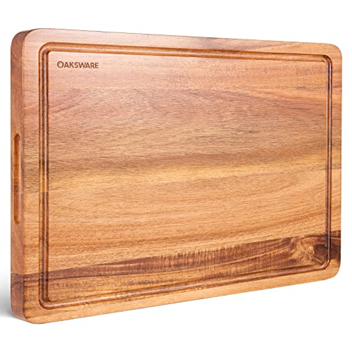 OAKSWARE Cutting Boards, Large Acacia Wooden Cutting Board for Kitchen, Edge Grain Reversible Wood Chopping Board with Juice Groove and Handles, Pre-Oiled Carving Tray for Meat & Cheese, Medium