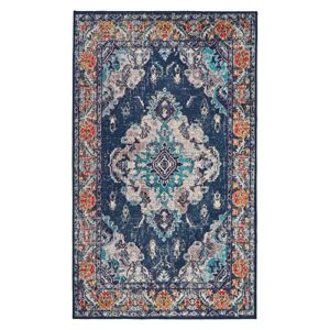 wonnitar bohemian medallion area rug – navy blue 3×5 washable entry rug boho bedside rug vintage distressed non-slip door mat throw carpet for entrance bathroom laundry kitchen indoor office