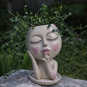 face flower pots head planter, cute resin face planters for indoor outdoor plants, macetas para plantas unique head plant pot face vase with drainage hole and tray for home garden succulents cactus