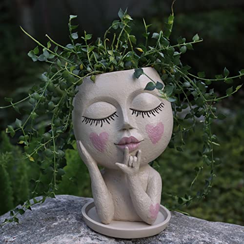 Face Flower Pots Head Planter, Cute Resin Face Planters for Indoor Outdoor Plants, Macetas para Plantas Unique Head Plant Pot Face Vase with Drainage Hole and Tray for Home Garden Succulents Cactus