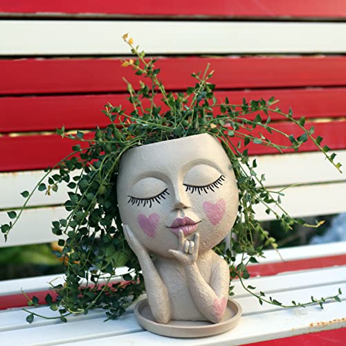 Face Flower Pots Head Planter, Cute Resin Face Planters for Indoor Outdoor Plants, Macetas para Plantas Unique Head Plant Pot Face Vase with Drainage Hole and Tray for Home Garden Succulents Cactus