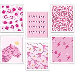 chinco 6 pieces preppy room decor aesthetic wall art hot pink white cheetah print wall decor cute pink posters for teen girls dorm bedroom wall decorations, unframed, 8 x 10 inches