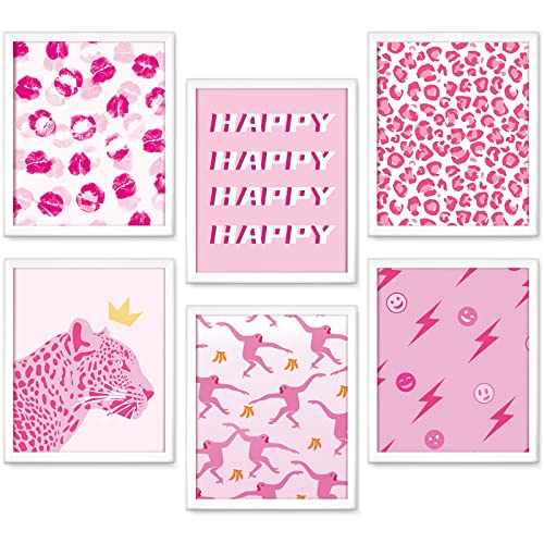 Chinco 6 Pieces Preppy Room Decor Aesthetic Wall Art Hot Pink White cheetah Print Wall Decor Cute Pink Posters for Teen Girls Dorm Bedroom Wall Decorations, Unframed, 8 x 10 Inches