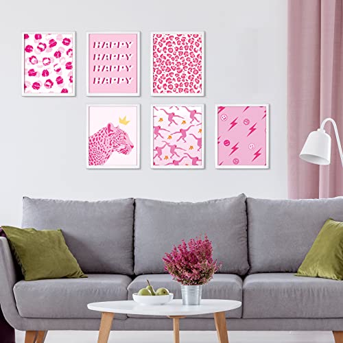 Chinco 6 Pieces Preppy Room Decor Aesthetic Wall Art Hot Pink White cheetah Print Wall Decor Cute Pink Posters for Teen Girls Dorm Bedroom Wall Decorations, Unframed, 8 x 10 Inches