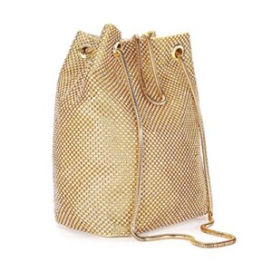 Rhinestone Evening Party Bags for Women Sparkly Gold Clutch Crystal Bucket Purse Wedding Purses Wallet Fancy Desinger Handbags Bing Glitter Shoulder Bags for Cocktail Prom Night Out Small Tote Bag