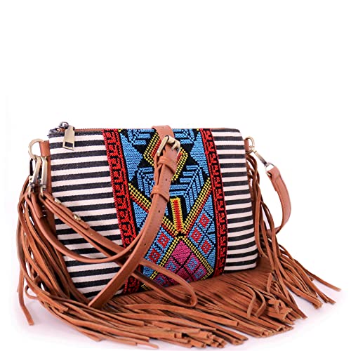 Boho Fringed Tassel Aztec Tribal Print Canvas Satchel Crossbody Bag Wristlet Purse (Leather Fringed Wristlet Cross Body - Brown)