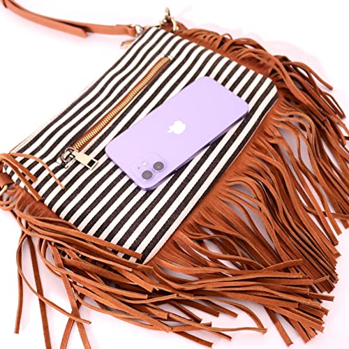 Boho Fringed Tassel Aztec Tribal Print Canvas Satchel Crossbody Bag Wristlet Purse (Leather Fringed Wristlet Cross Body - Brown)