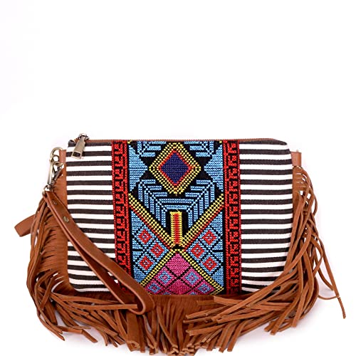 Boho Fringed Tassel Aztec Tribal Print Canvas Satchel Crossbody Bag Wristlet Purse (Leather Fringed Wristlet Cross Body - Brown)