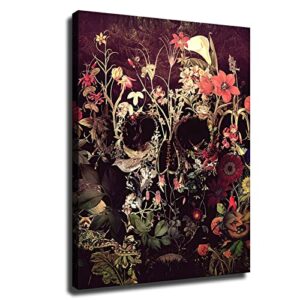 hbqpyl bloom skull canvas print, flower skull canvas art print, sugar skull canvas art home decor gift, gothic floral skull wall art for halloween (08x10inch,pine framed)