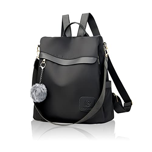 Karani Backpack Purse for Women Anti-theft, Water-resistant Nylon Travel Purse Shoulder Bag with Detachable Strap (Black)