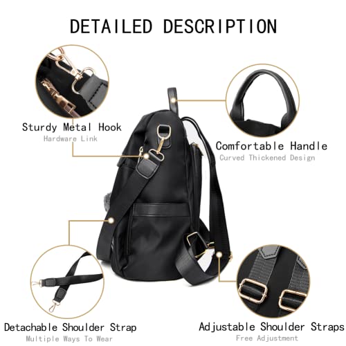 Karani Backpack Purse for Women Anti-theft, Water-resistant Nylon Travel Purse Shoulder Bag with Detachable Strap (Black)