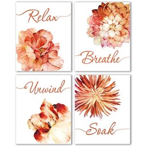 flowers relax soak unwind breathe bathroom wall decor, bedroom office corridor decor poster wall bathroom locker home decor, spa woman girl bedroom art painting, set of 4 (8″x10″), unframed (orange)