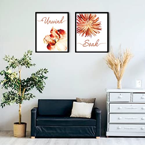 Flowers Relax Soak Unwind Breathe Bathroom Wall Decor, Bedroom Office Corridor Decor Poster Wall Bathroom Locker Home Decor, Spa Woman Girl Bedroom Art Painting, Set of 4 (8"x10"), Unframed (Orange)