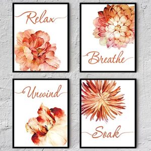 Flowers Relax Soak Unwind Breathe Bathroom Wall Decor, Bedroom Office Corridor Decor Poster Wall Bathroom Locker Home Decor, Spa Woman Girl Bedroom Art Painting, Set of 4 (8"x10"), Unframed (Orange)