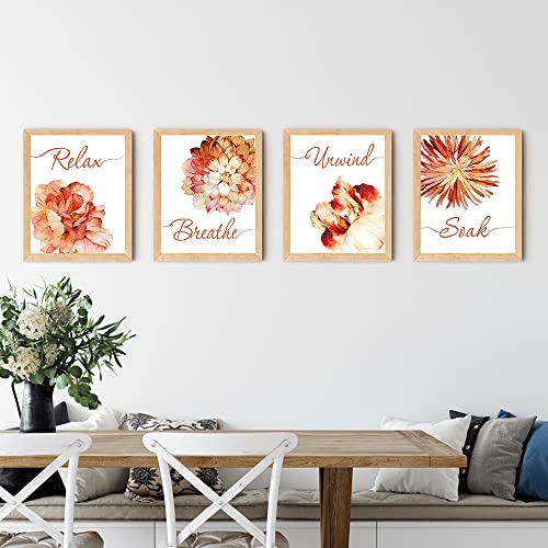 Flowers Relax Soak Unwind Breathe Bathroom Wall Decor, Bedroom Office Corridor Decor Poster Wall Bathroom Locker Home Decor, Spa Woman Girl Bedroom Art Painting, Set of 4 (8"x10"), Unframed (Orange)