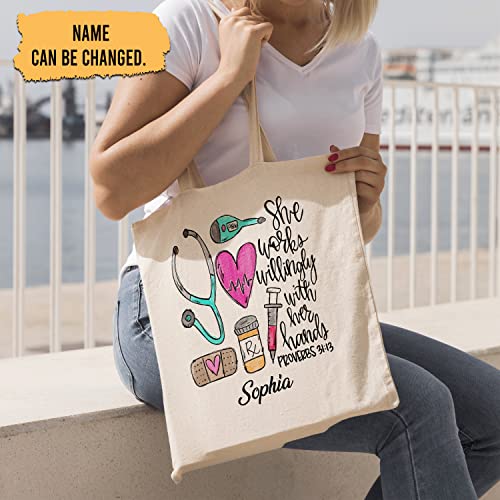 HYTURTLE Personalized Gifts For Registered Nurse RN CNA MA PA - Birthday Christmas - She Works Willingly With Canvas Tote Bag