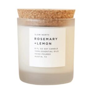 slow north rosemary + lemon candle (8 oz) scented with essential oils soy wax candle, 100% pure, reusable frosted glass tumbler with cork lid, cotton wick, hand-poured in usa