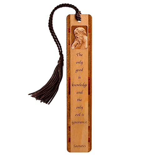 Socrates Portrait with Knowledge Quote Engraved Wooden Bookmark with Tassel - Also Available Personalized - Made in The USA