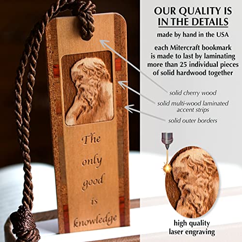 Socrates Portrait with Knowledge Quote Engraved Wooden Bookmark with Tassel - Also Available Personalized - Made in The USA