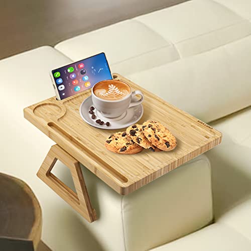 Bamboo Sofa Tray Rectangle Table Clip on Side Bed Sofa Arm Foldable Couch Tray with Phone Holder, Armrest Table Serving Tray for Drinks Coffee Snacks Remote Control