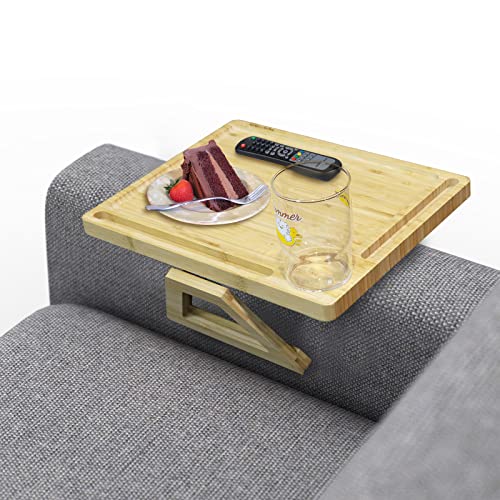 Bamboo Sofa Tray Rectangle Table Clip on Side Bed Sofa Arm Foldable Couch Tray with Phone Holder, Armrest Table Serving Tray for Drinks Coffee Snacks Remote Control