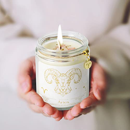 YTENTE Aries Candles Gift for Women,Zodiac Crystals Candles,Astrology Gift March Birthday Gifts for Women Mom Sister Lavender Scented Soy Candles