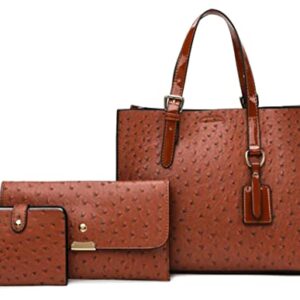 Patent Strap Shoulder Bags Ostrich Pattern Handbags 3pcs Hobos with Matching Wallet Tote Purse (Brown)