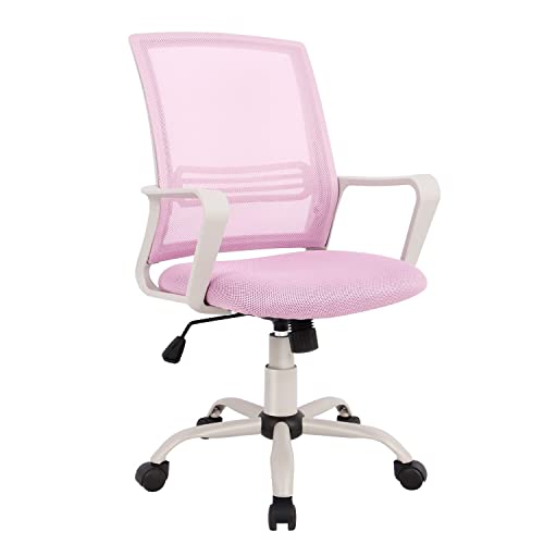 Small Office Chair Ergonomic Home Office Desk Chairs with Wheels Computer Desk Chair Mid Back Task Chair with Armrests Lumbar Support，Pink