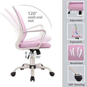 Small Office Chair Ergonomic Home Office Desk Chairs with Wheels Computer Desk Chair Mid Back Task Chair with Armrests Lumbar Support，Pink