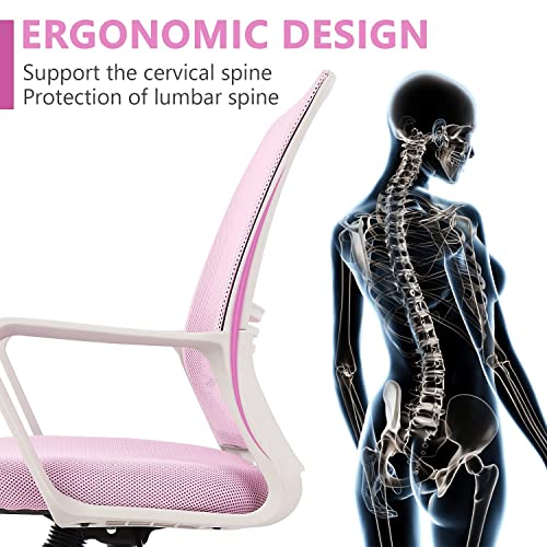 Small Office Chair Ergonomic Home Office Desk Chairs with Wheels Computer Desk Chair Mid Back Task Chair with Armrests Lumbar Support，Pink