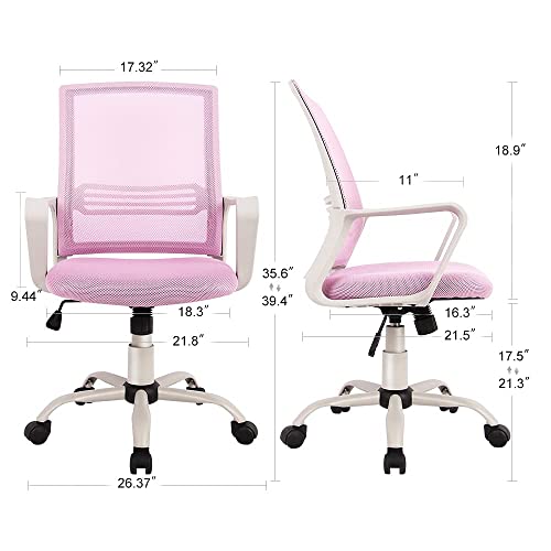 Small Office Chair Ergonomic Home Office Desk Chairs with Wheels Computer Desk Chair Mid Back Task Chair with Armrests Lumbar Support，Pink