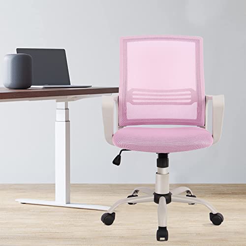 Small Office Chair Ergonomic Home Office Desk Chairs with Wheels Computer Desk Chair Mid Back Task Chair with Armrests Lumbar Support，Pink