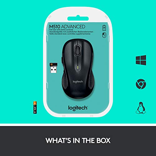 Logitech M510 Wireless Computer Mouse – Comfortable Shape with USB Unifying Receiver, with Back/Forward Buttons and Side-to-Side Scrolling, Dark Gray