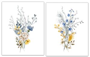 flower botanical wall art, vintage floral nature decor, wildflower branch leaf watercolor in blue yellow neutral, rustic cottage country farmhouse artwork print for bedroom, unframed 11x14 set of 2.