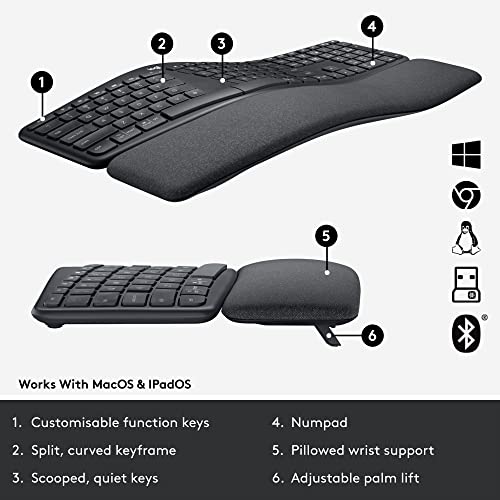 Logitech Ergo K860 Split Wireless Keyboard for Business - Ergonomic Design, Secured Logi Bolt Technology, Bluetooth, Globally Certified, Windows/Mac/Chrome/Linux - Graphite