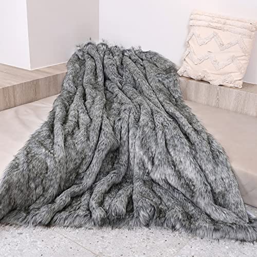 Starose Luxurious Faux Fur Throw Fake Wolf Fur Throw Blanket Couch Throw Bedspread Comforter Gray Queen Size 79"x90"