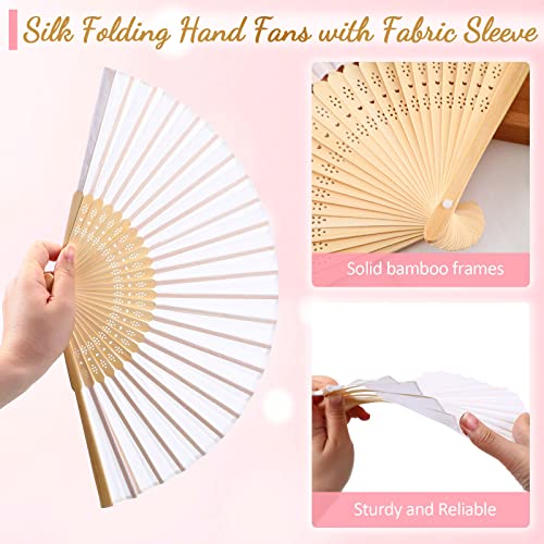 Chunful 60 Pieces Silk Folding Hand Fans with Fabric Sleeve, Bamboo Folded Handheld Fans for Wedding Guests Bridal Shower Dancing Party Favor Decoration